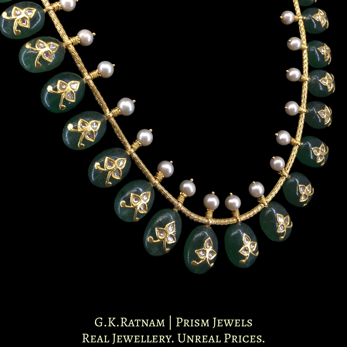 23k Gold and Diamond Polki Chain Necklace with polki-inlay on emerald ...
