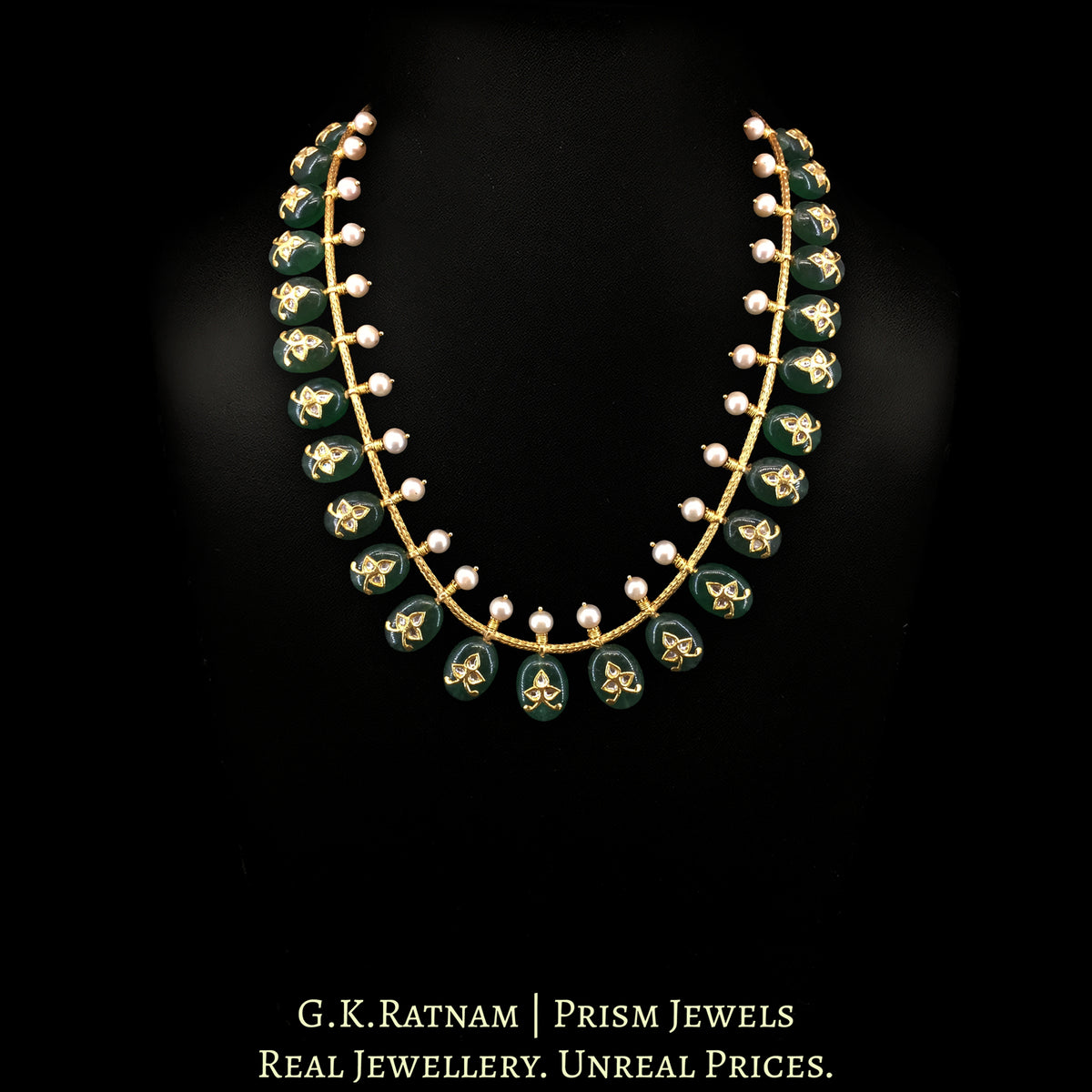 23k Gold and Diamond Polki Chain Necklace with polki-inlay on emerald ...