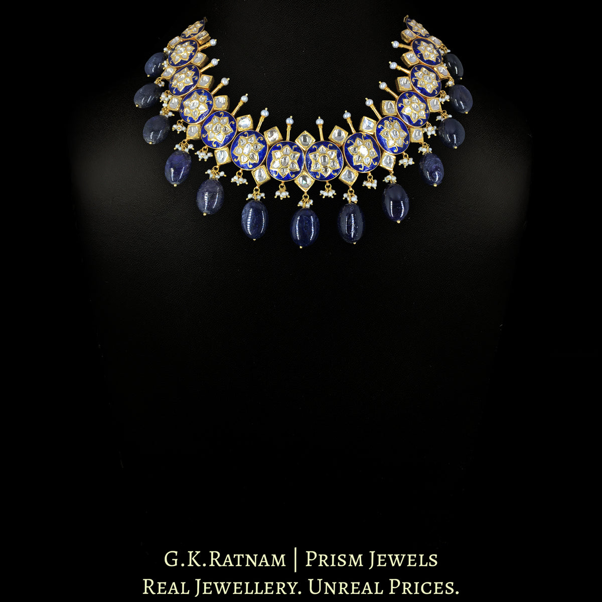 18k Gold and Diamond Polki Necklace Set with intricate Blue Pottery – G ...