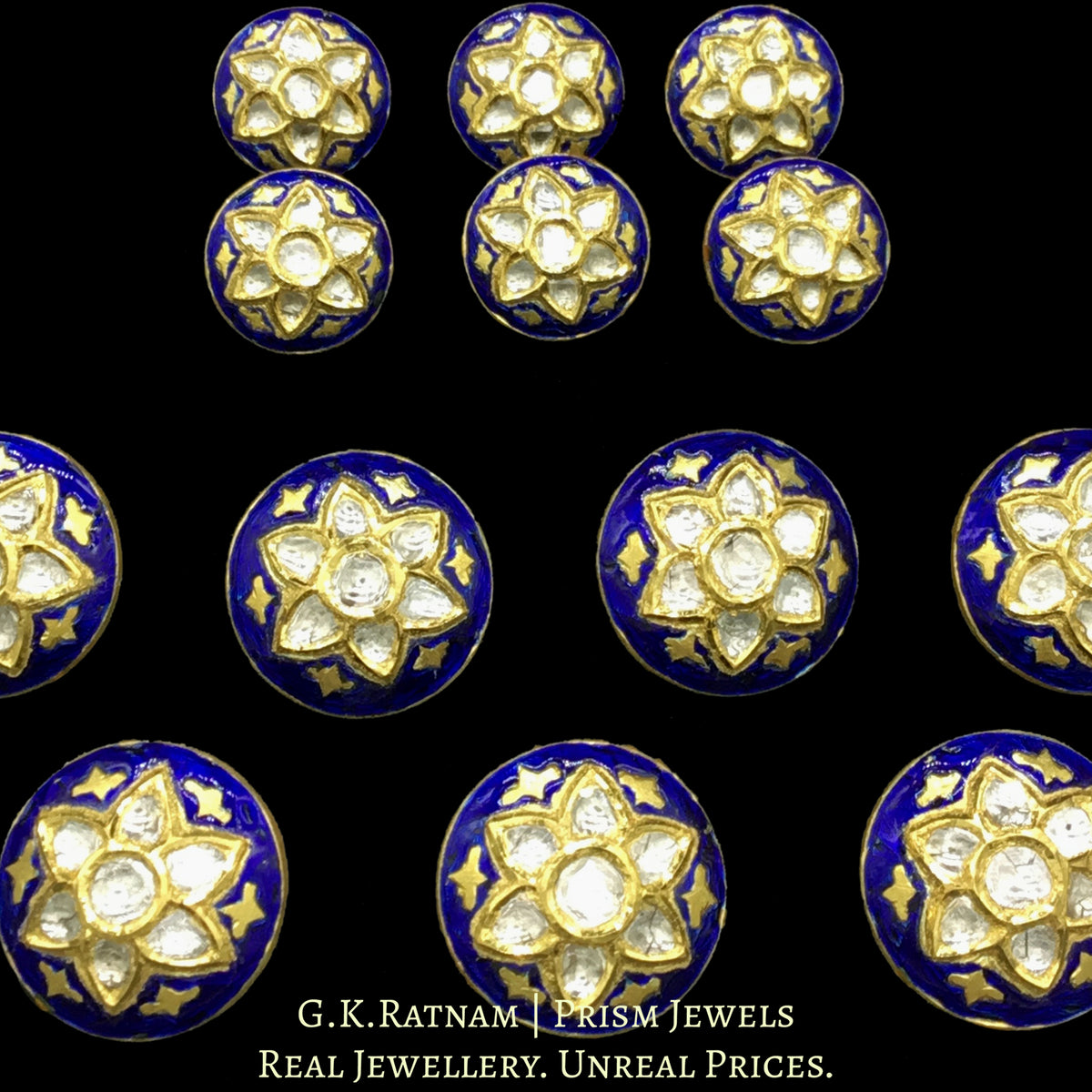 18k Gold and Diamond Polki Sherwani Buttons with Blue Enamel – G. K. Ratnam