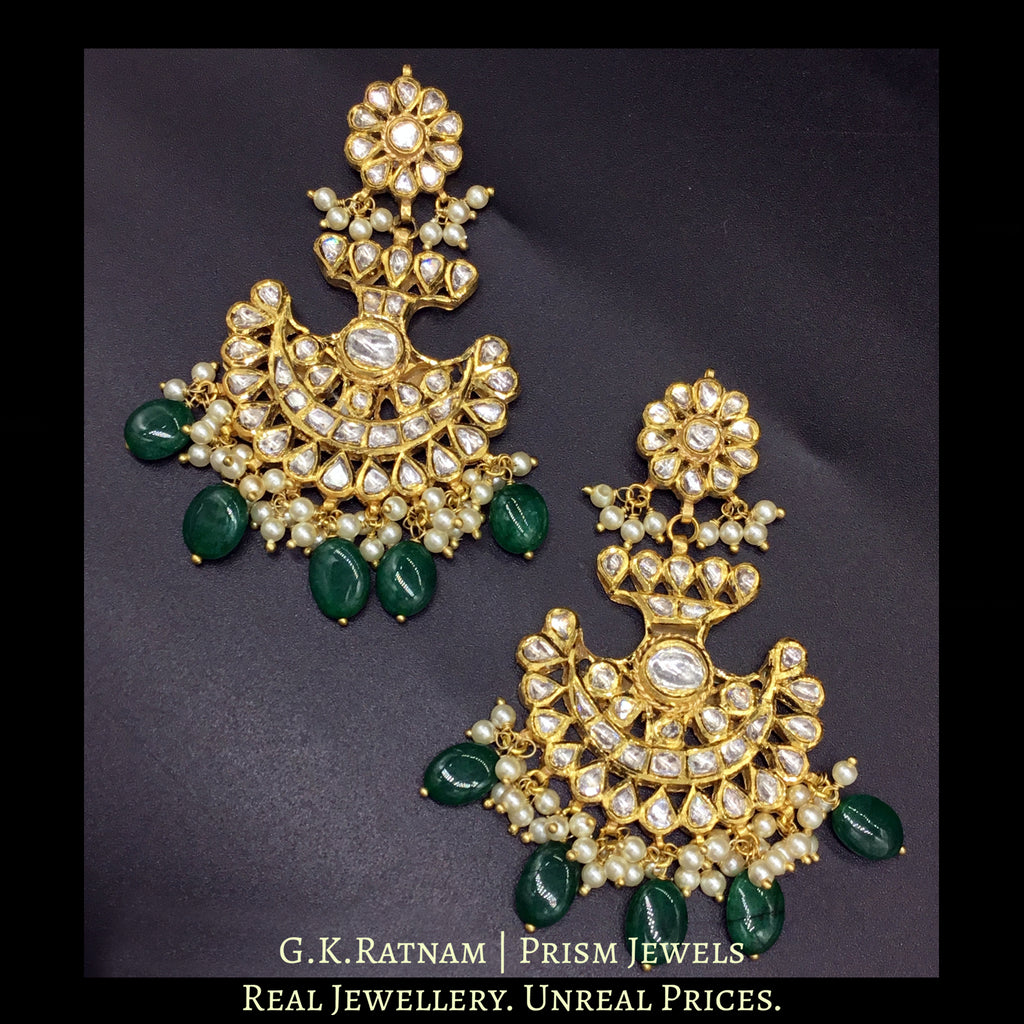 18k Gold and Diamond Polki Pankhi (fan) Pendant Set with beryl and pea ...