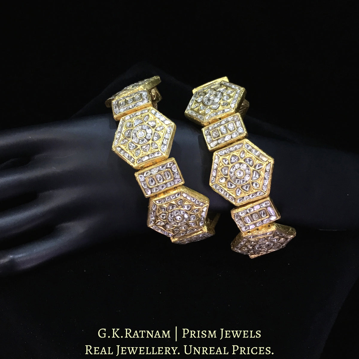 23k Gold and Diamond Polki Bracelet Pair (Paunchi / Ponchi) with Hexag ...