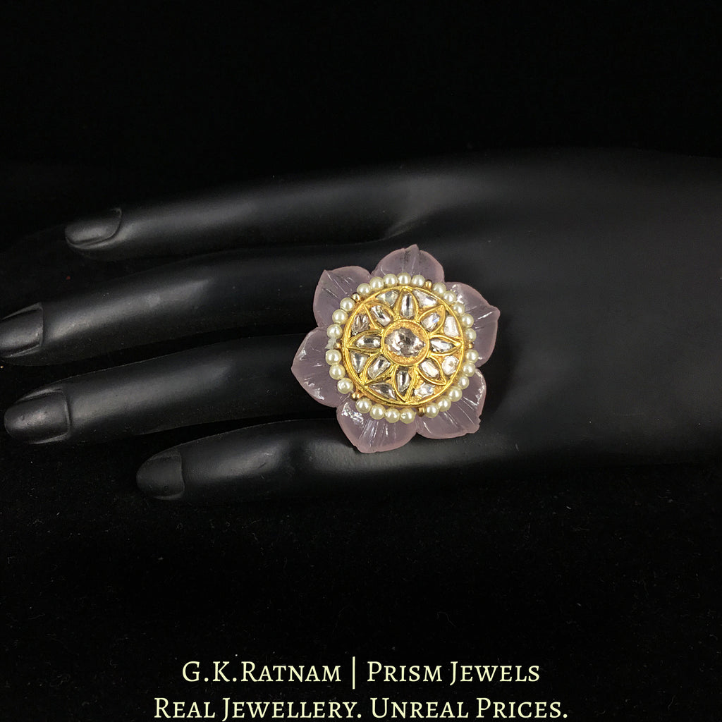23k Gold and Diamond Polki Ring With Floral Rose Quartz Carving – G. K ...