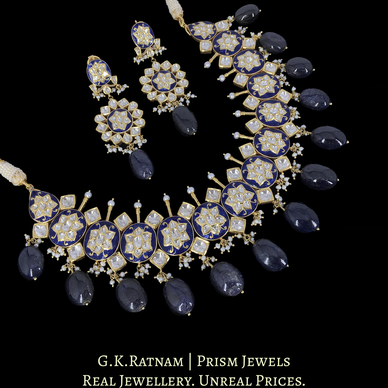 18k Gold and Diamond Polki Necklace Set with intricate Blue Pottery – G ...