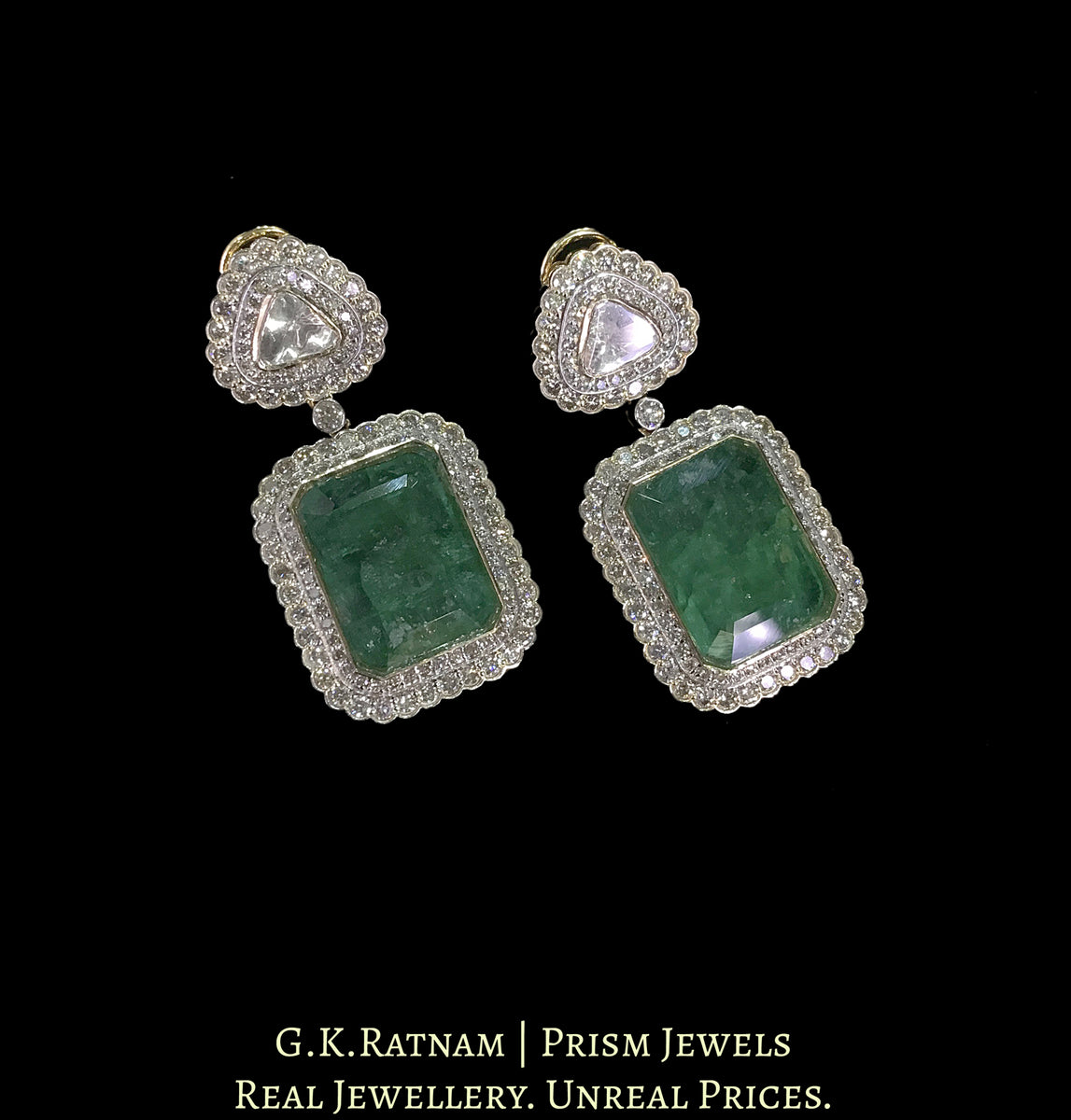 18k Gold and Diamond Polki Open setting Earring Pair with emerald-grad ...