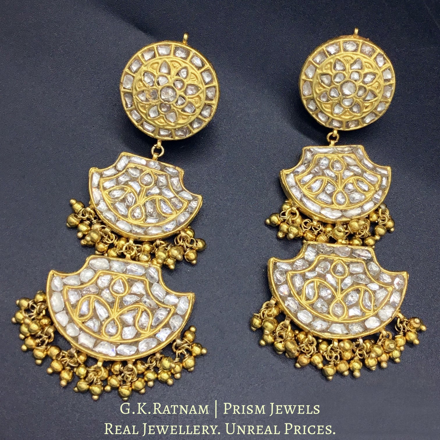 23k Gold and Diamond Polki pankhi (fan) Long Earring Pair with tiny go ...