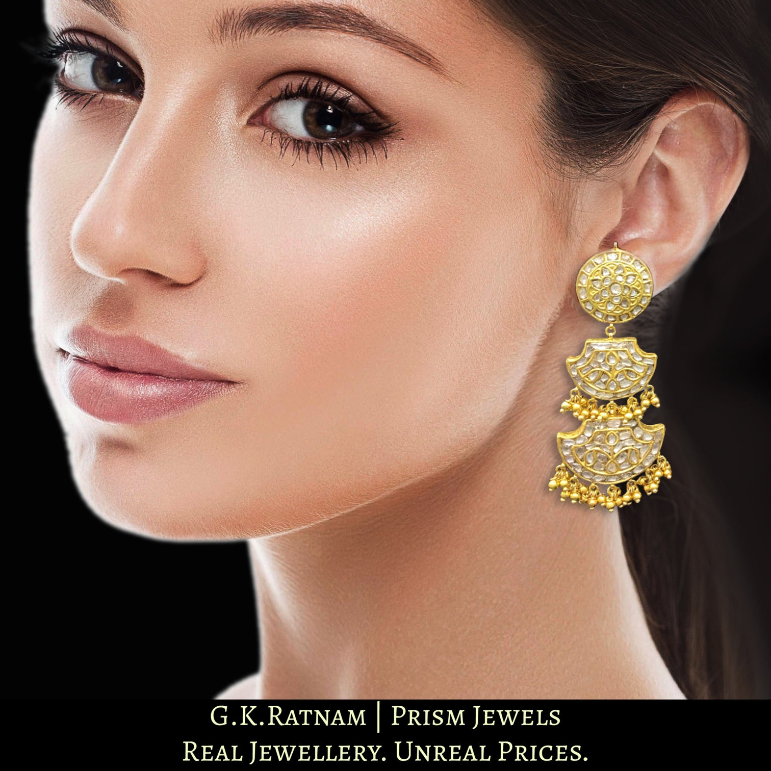 23k Gold and Diamond Polki pankhi (fan) Long Earring Pair with tiny go ...