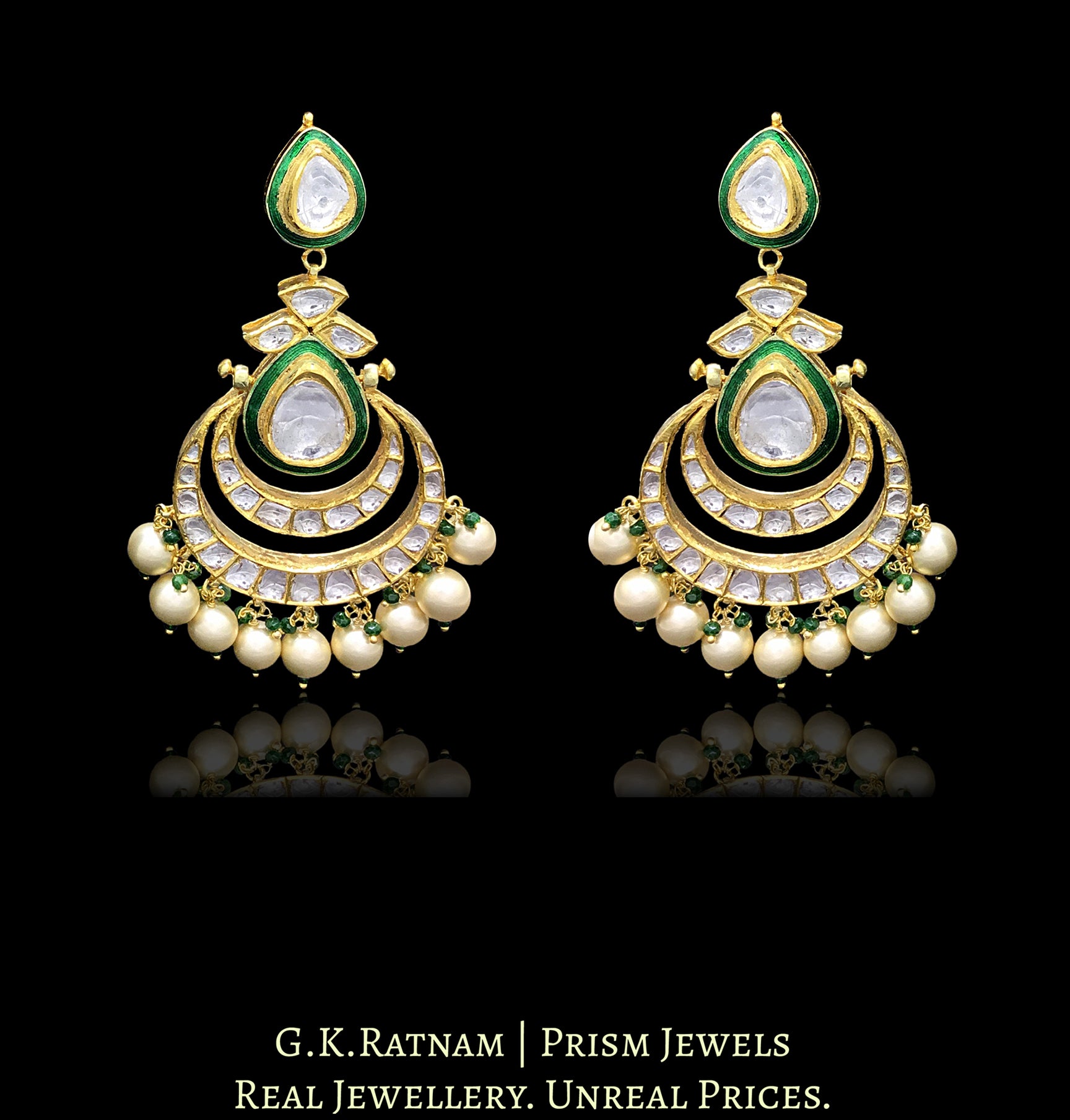 22k Gold and Diamond Polki Chand Bali Earring Pair with Green Enamelli ...