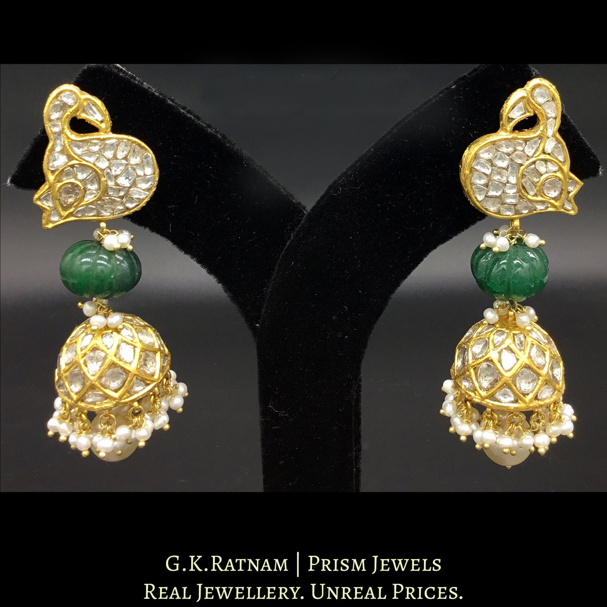 23k Gold and Diamond Polki Jhumki Earring Pair with peacock (mor) shap ...