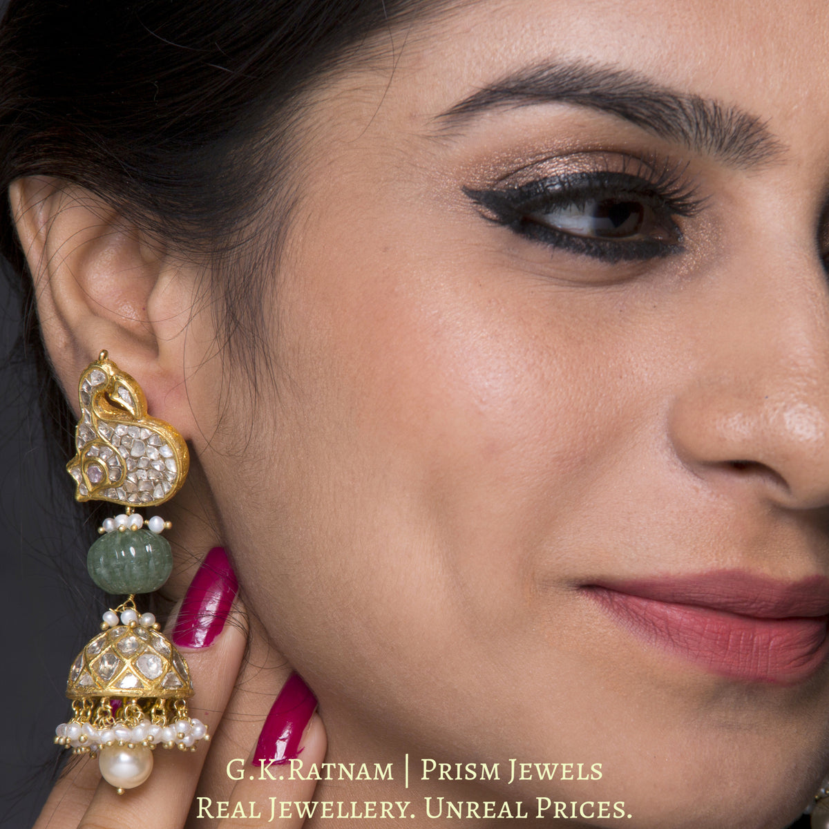 23k Gold and Diamond Polki Jhumki Earring Pair with peacock (mor) shap ...