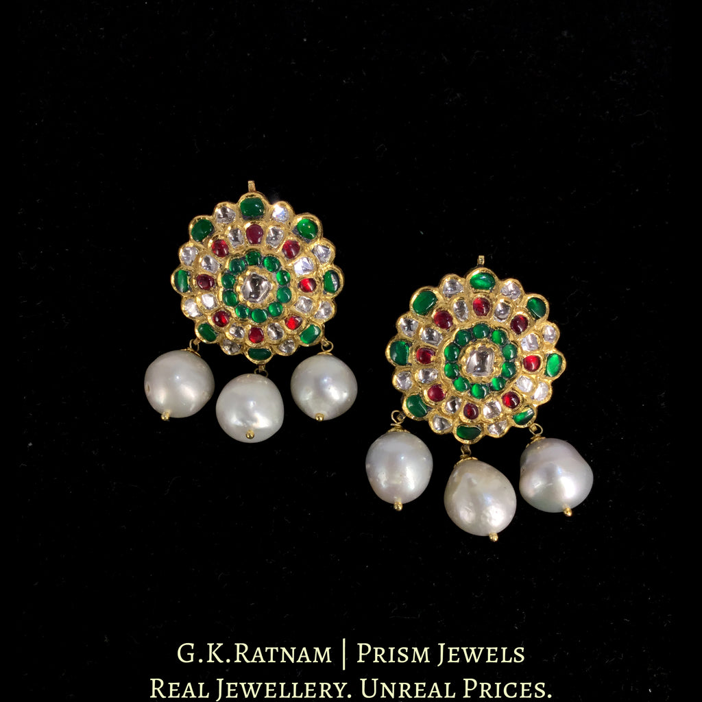 18k Gold and Diamond Polki south-style Karanphool Earring Pair with Ru ...