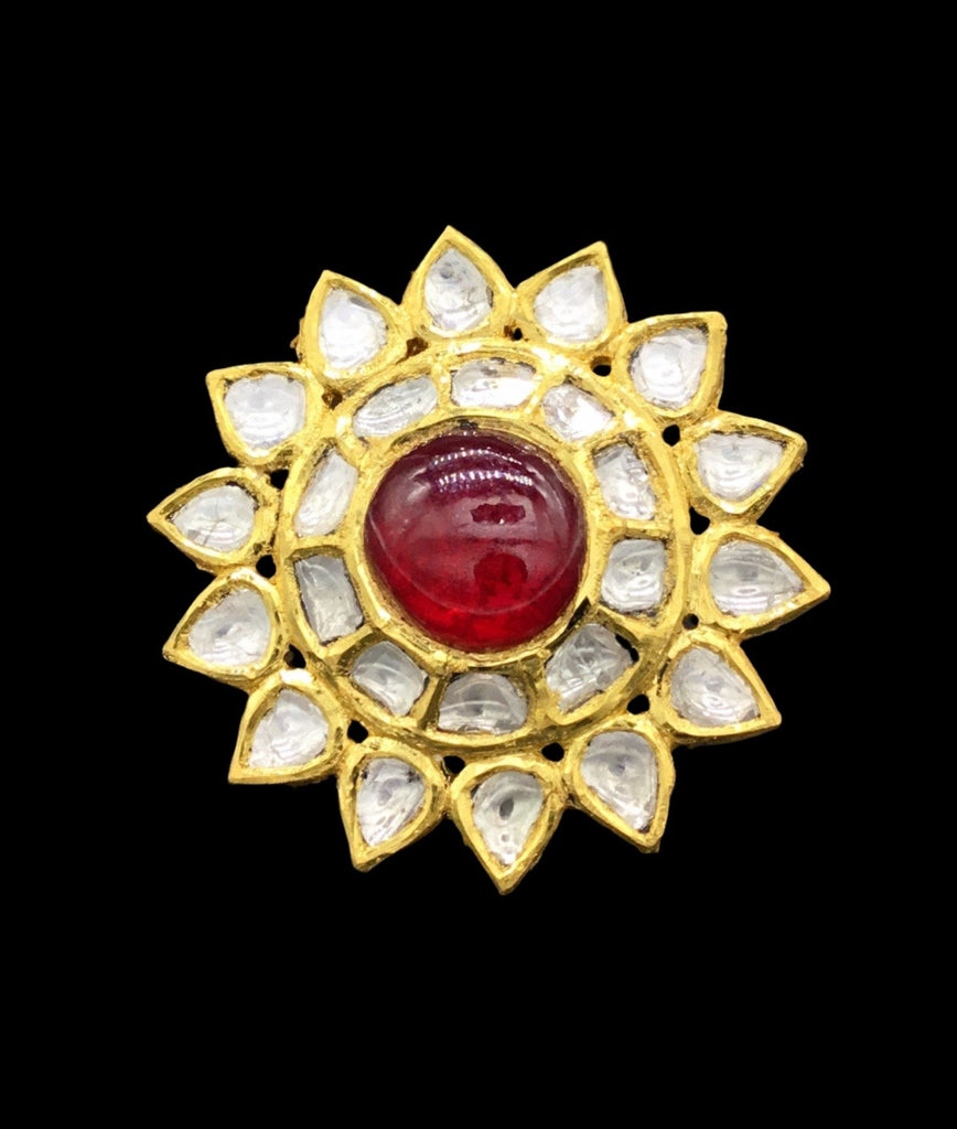 18k Gold and Diamond Polki star-shaped Cocktail Ring with ruby-red cen ...