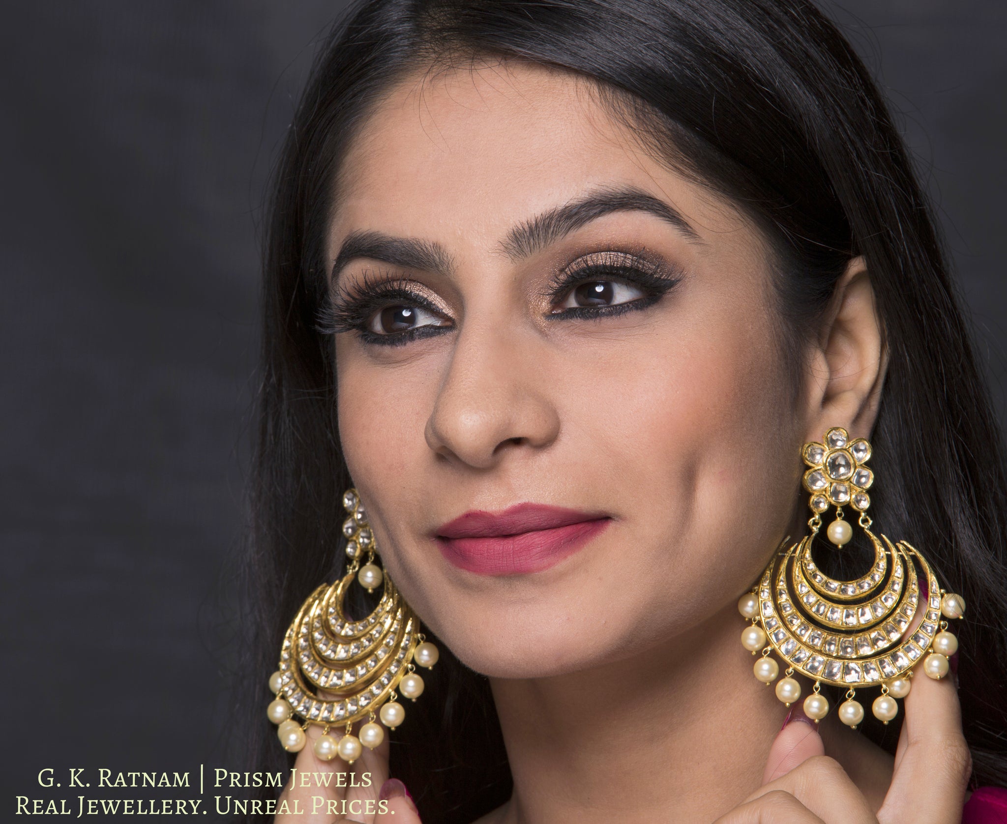18k Gold and Diamond Polki Chand Bali Earring Pair with multiple chand ...