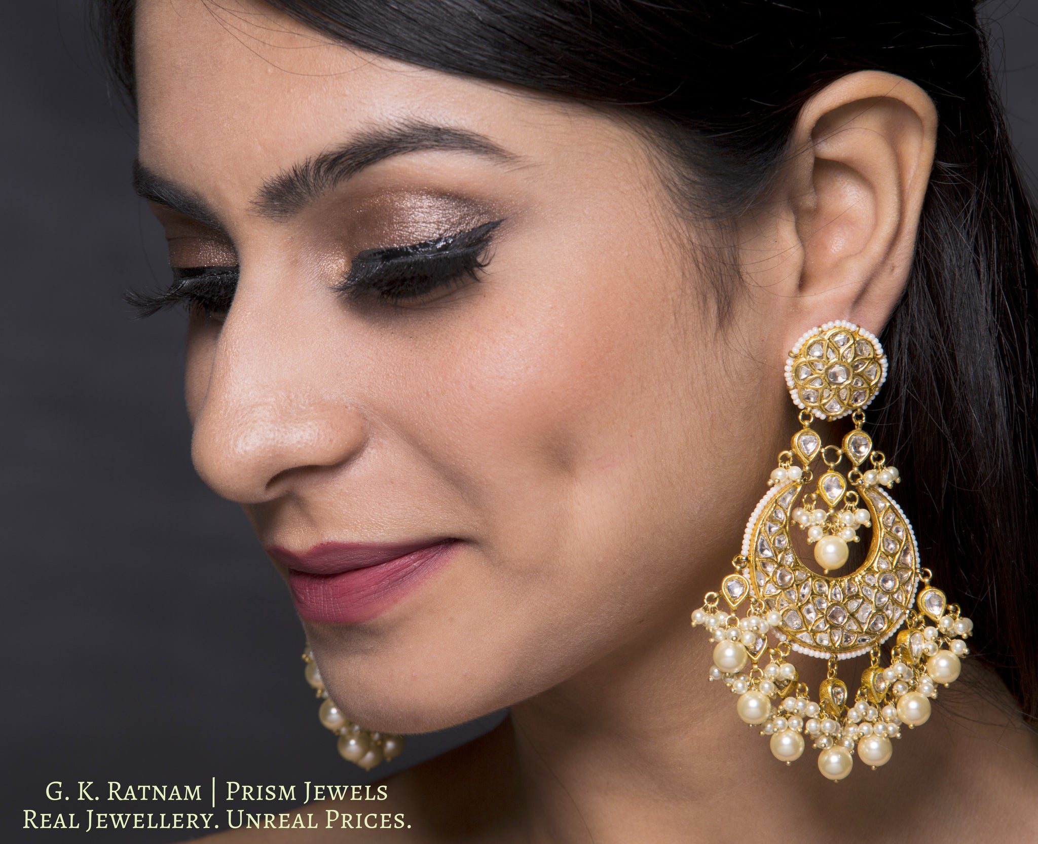 23k Gold and Diamond Polki Chand Bali Earring Pair with triple-coated ...
