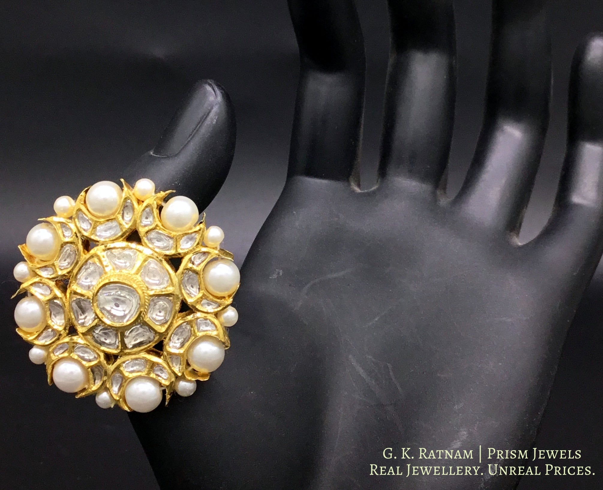 18k Gold and Diamond Polki Round Ring with Pearl Rimming – G. K. Ratnam