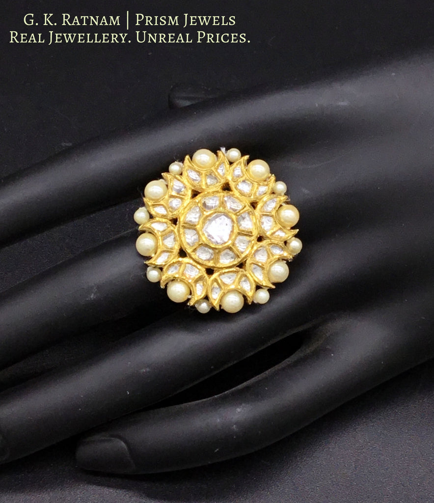 18k Gold and Diamond Polki Round Ring with Pearl Border – G. K. Ratnam