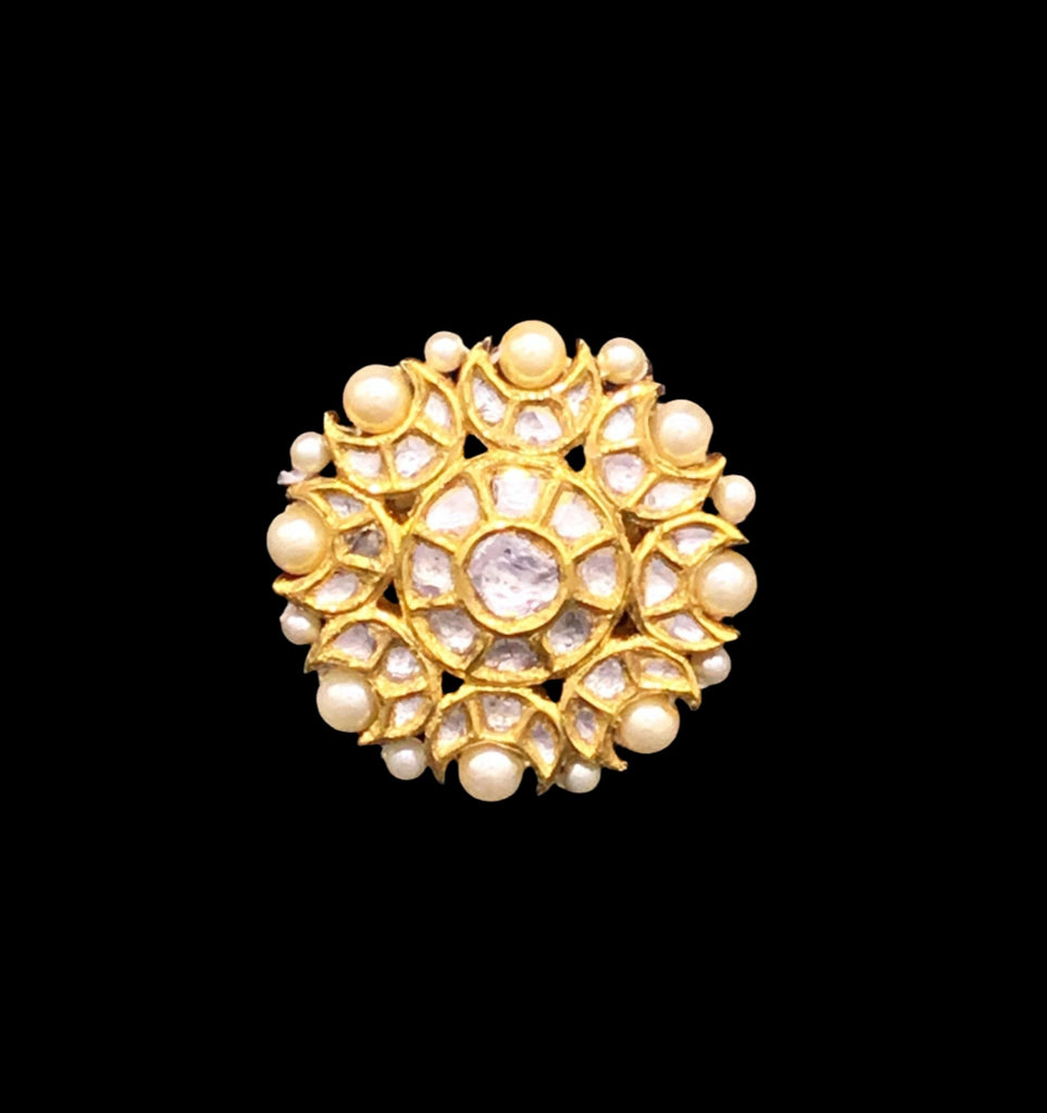18k Gold and Diamond Polki Round Ring with Pearl Border – G. K. Ratnam